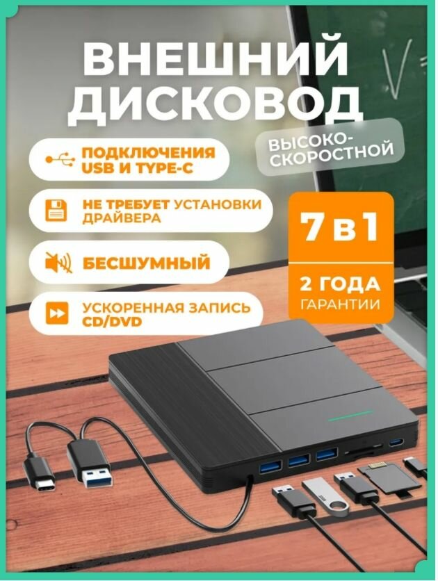 7-в-1 Внешний DVD-привод с поддержкой SD/TF/USB универсальный дисковод для чтения и записи CD/DVD для ноутбуков и ПК с кардридером