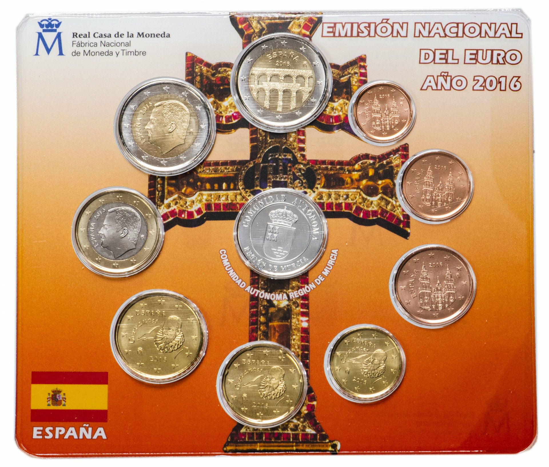 Испания 2016 официальный набор евро из 9 монет и жетона в буклете "Регион Мурсия", Биметалл, нордик, сталь с медным покрытием, в сохранности UNC