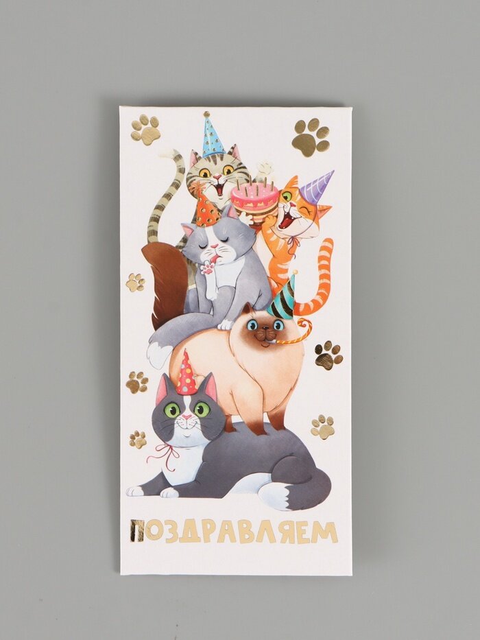 Конверт для денег Поздравляю, коты, тиснение, 16.5×8 см, 10 шт.