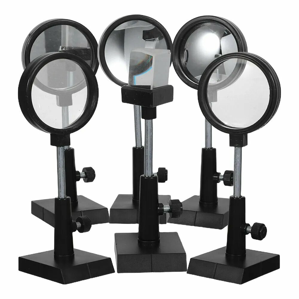 1 комплект оптических экспериментов с выпуклой и вогнутой линзой, призмой, плоским зеркалом, выпуклым и вогнутым зеркалом, оборудование для обучения физике