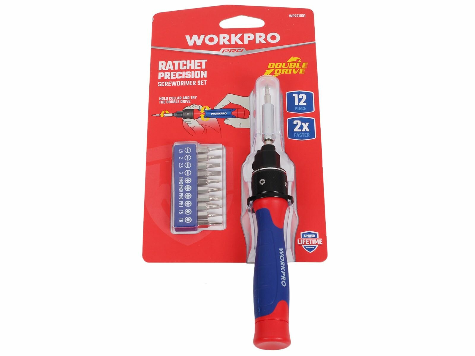 Отвертка WORKPRO реверсивная DOUBLE DRIVE (12 насадок)