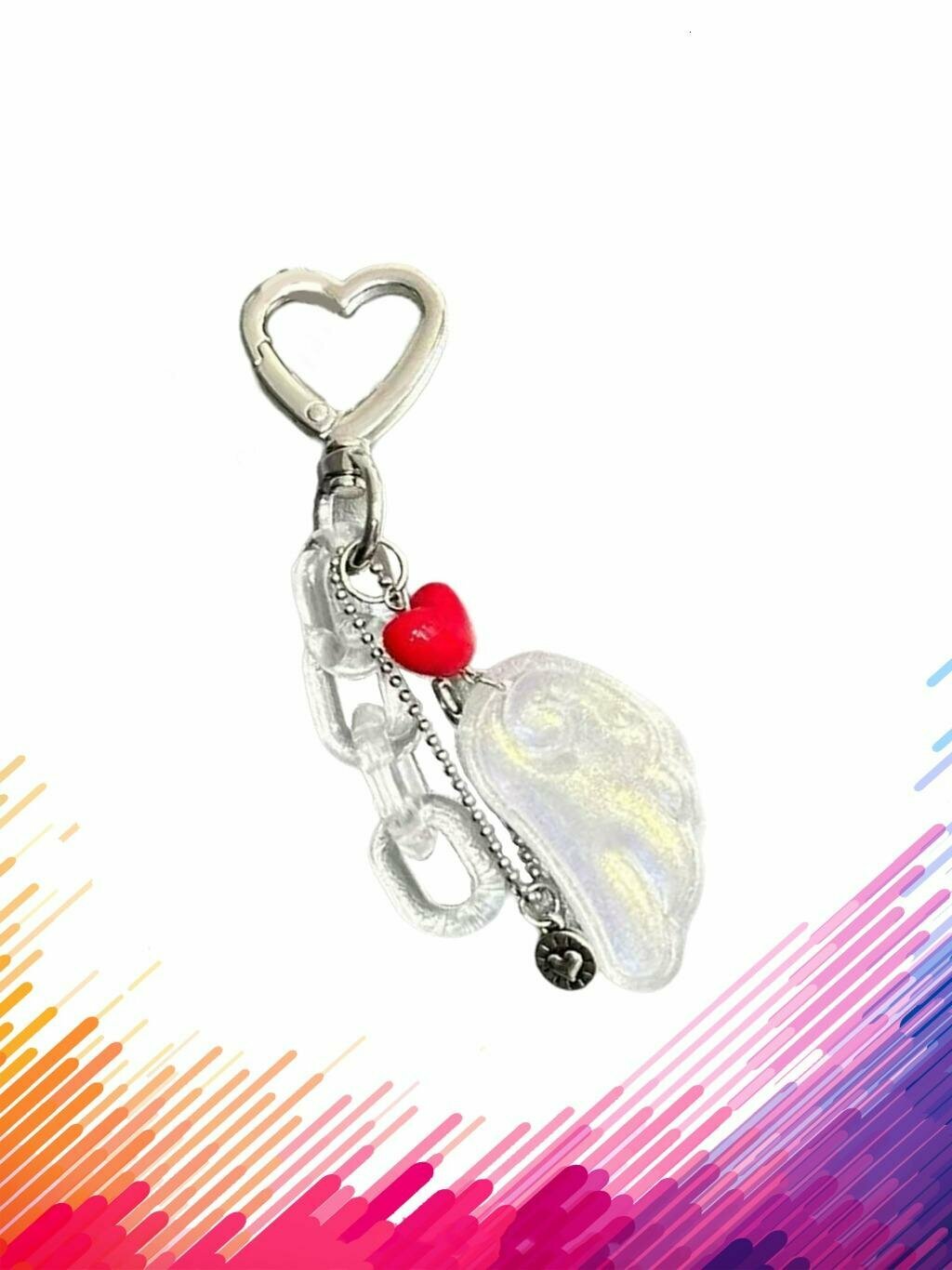 Сердце с крыльями, бисер, радужный брелок, Белый