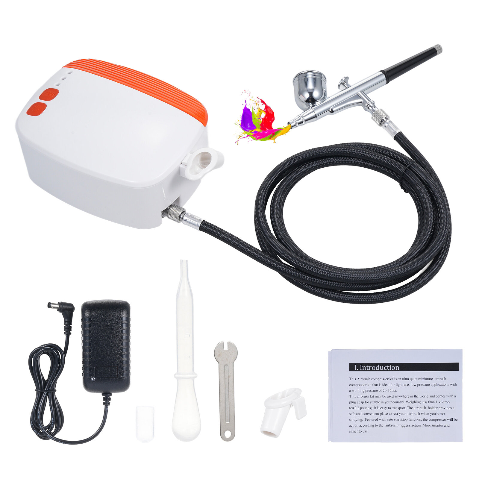 Компрессор для воздушного красителя комплект с мини-воздушным красителем для покраски, изготовления моделей, оформления тортов и художественной росписи, белый цвет, материал пластик алюминий нейлон, выходное напряжение 12V 2A, газовый выход 12л/мин,