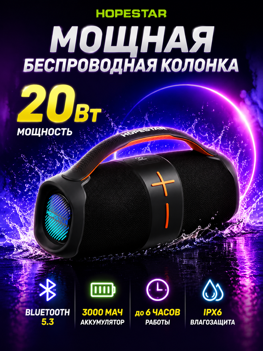 Портативная беспроводная колонка Hopestar H60 20W, IPX6, Bluetooth, TWS, FM радио