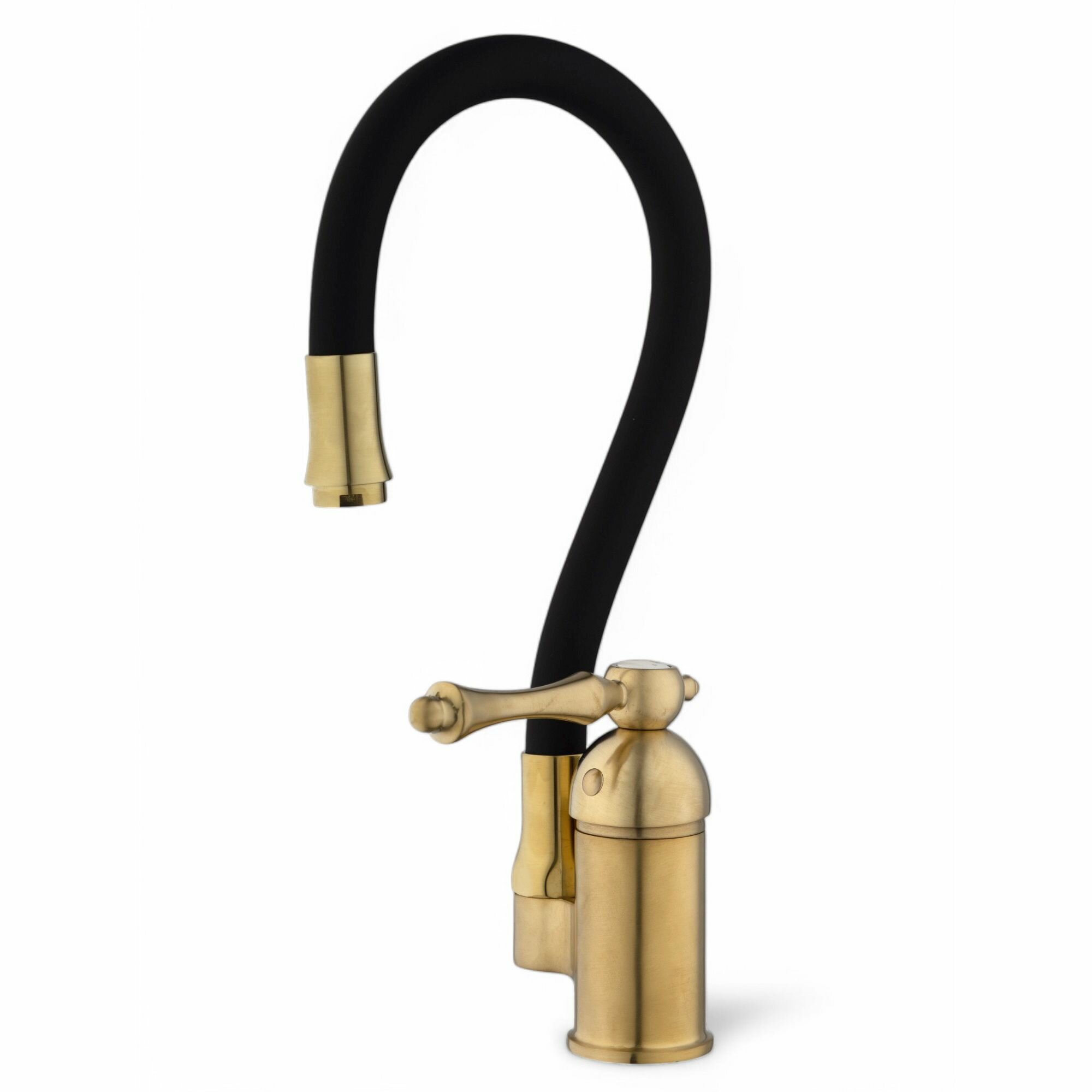 Смеситель для кухни цвета матового золота с гибким черным изливом