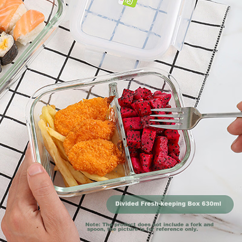 Lock & Lock Heat-Resistant Glass Food Storage Container, Microwave-Safe Lunch Box, Sealed Bento Box, Meal Container, Refrigerator Organizer, 630ml, Two Compartments