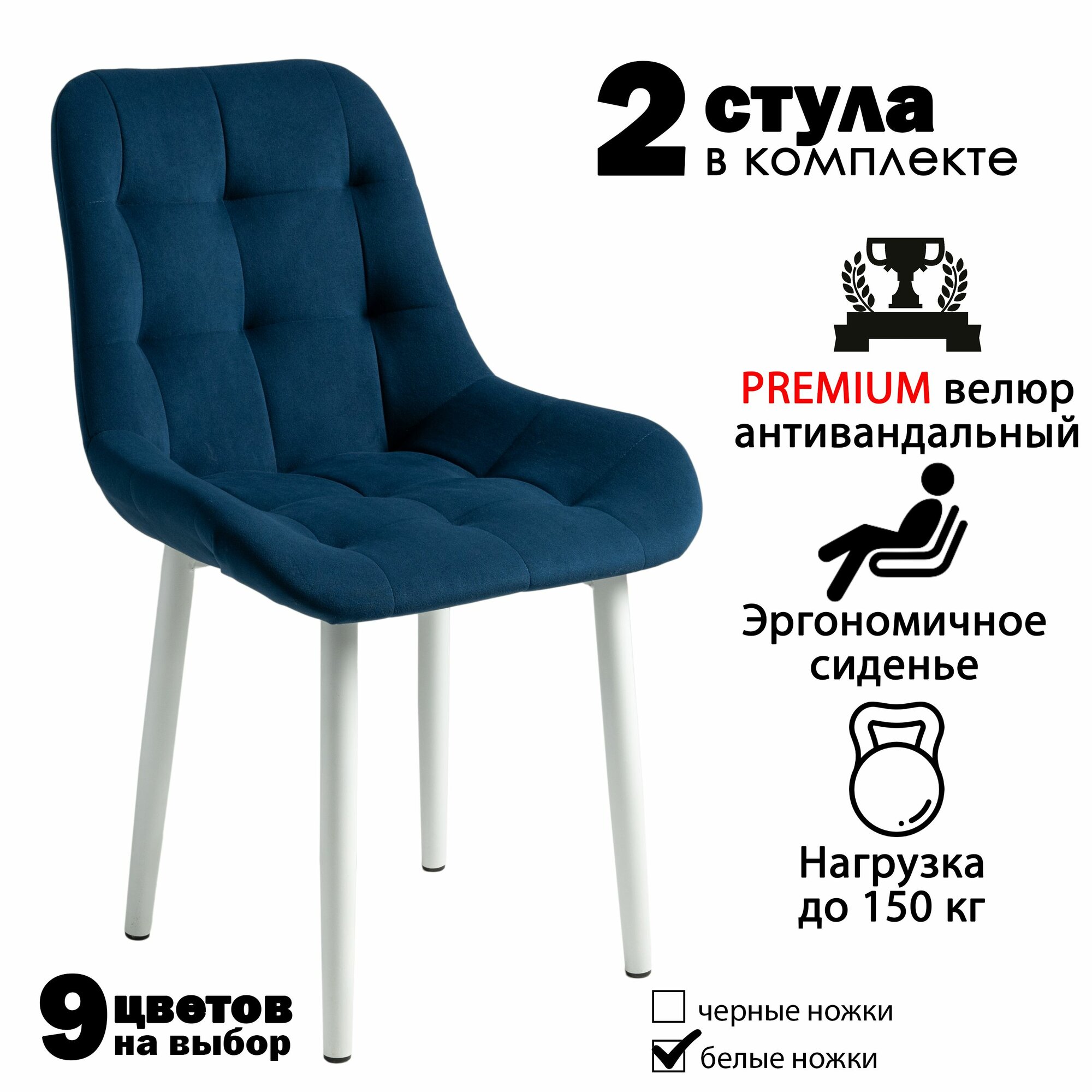 Стулья для кухни "Румба" мягкие, синий велюр, белые ножки от фабрики Современник / стулья кухонные комплект 2 шт.