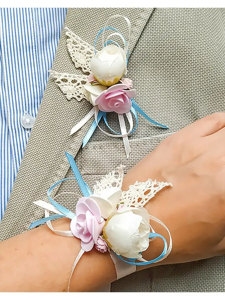 Набор: бутоньерка и браслет для жениха и невесты на руку и пиджак, комплект для свидетелей и гостей на свадьбу¶