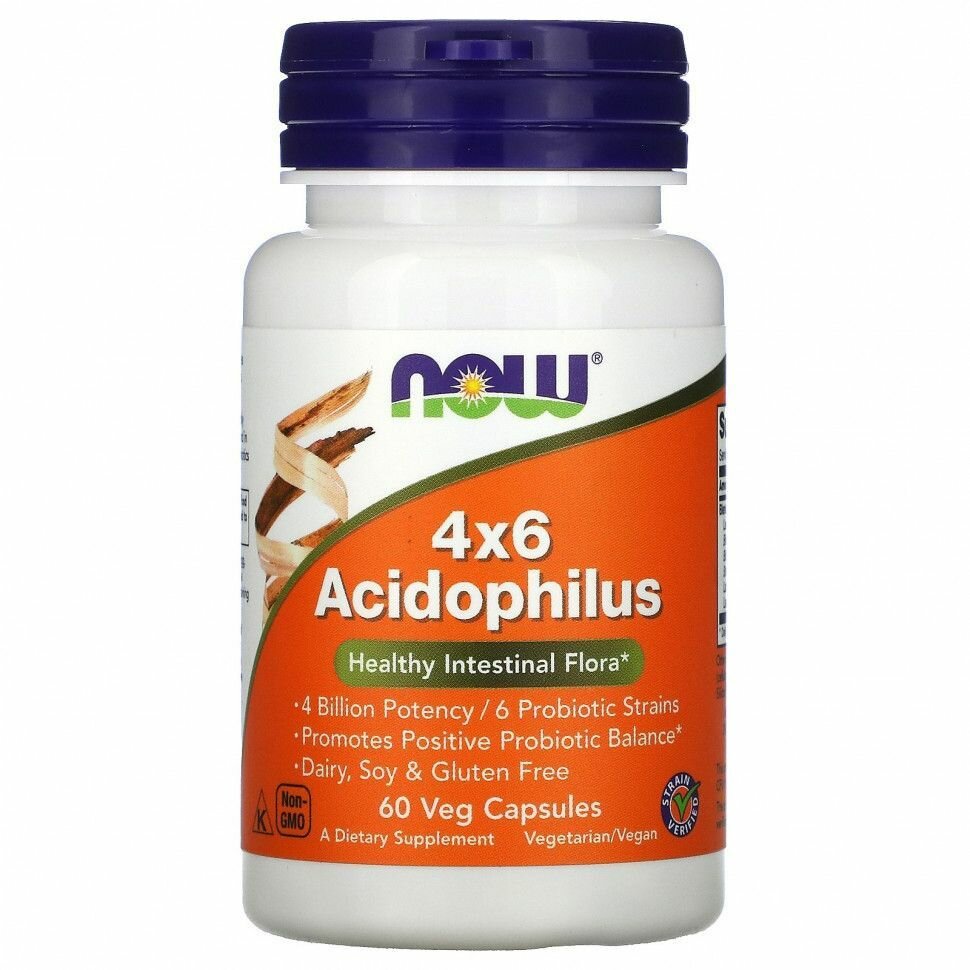 БАД Now Foods Acidophilus 4x6 Ацидофилус для нормализации микрофлоры кишечника, 60 капсул