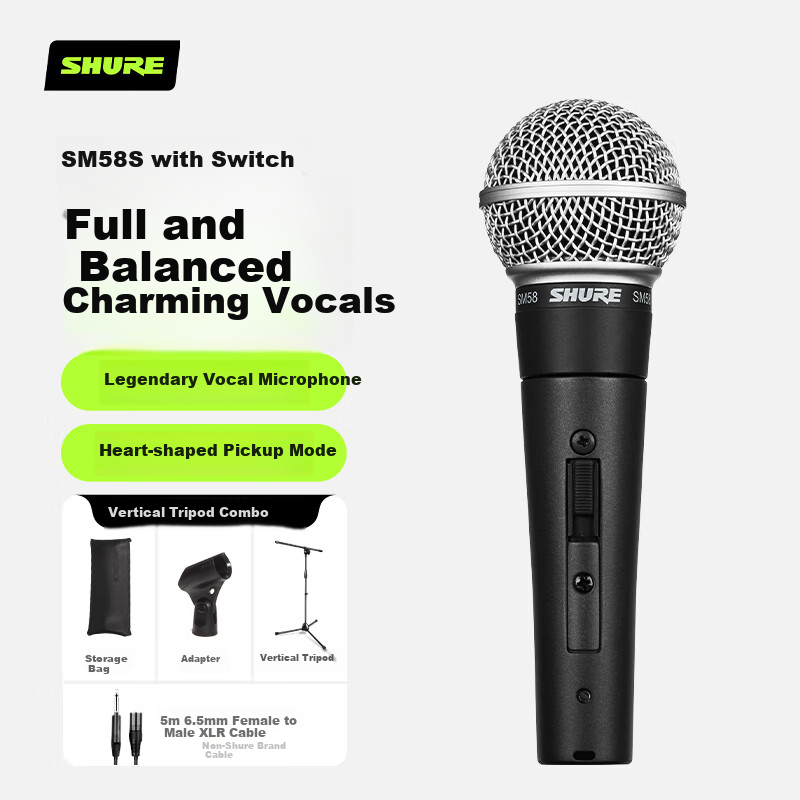 SHURE SM58S Dynamic Vocal Microphone with XLR Cable (5m) and Mic Stand Set