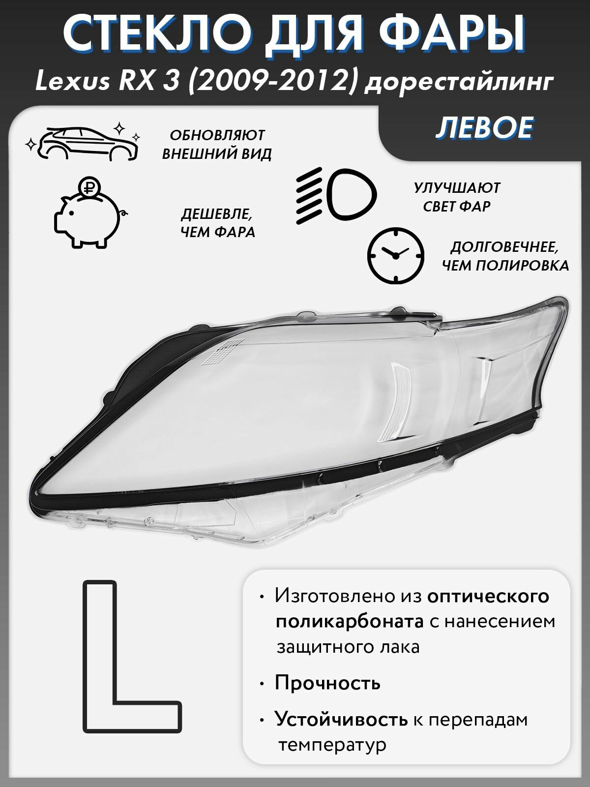 Стекло фары для Lexus RX 3 (2009-2012) дорестайлинг левое, поликарбонат 01-039-L