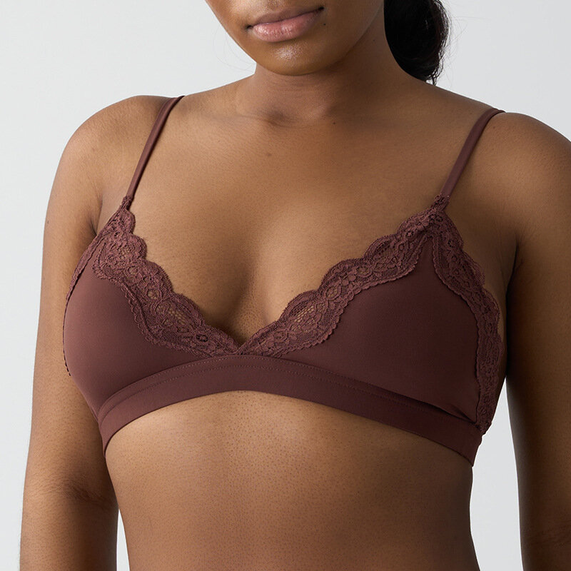Бюстгальтер, кружевной, треугольный, без косточек, размер M, коричневый