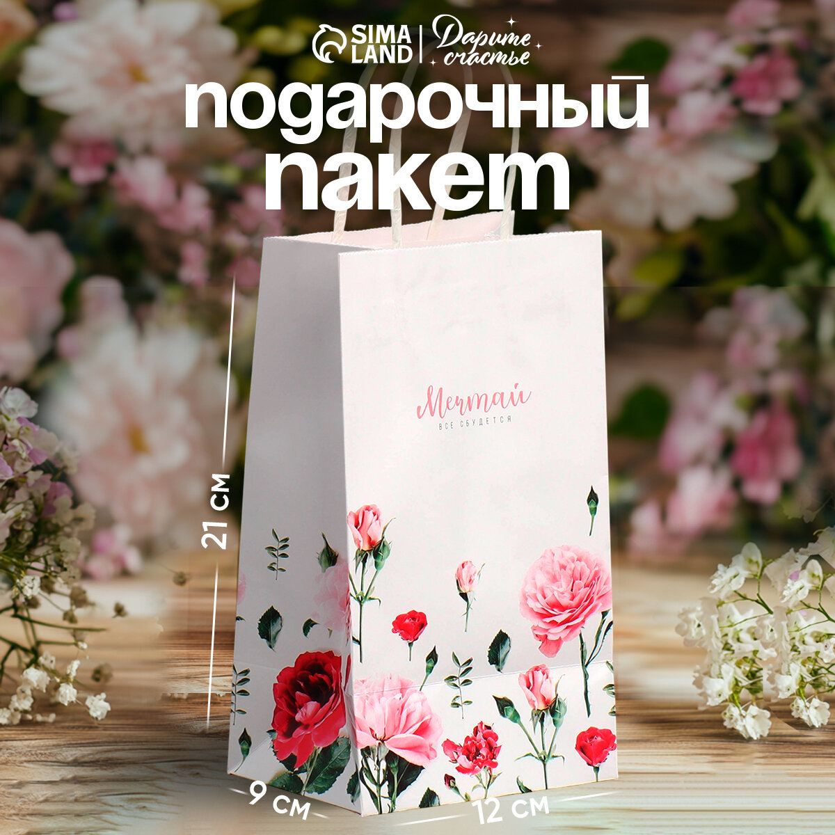 Пакет подарочный крафт "Мечтай!", 12 × 21 × 9 см, белый, для упаковки подарка