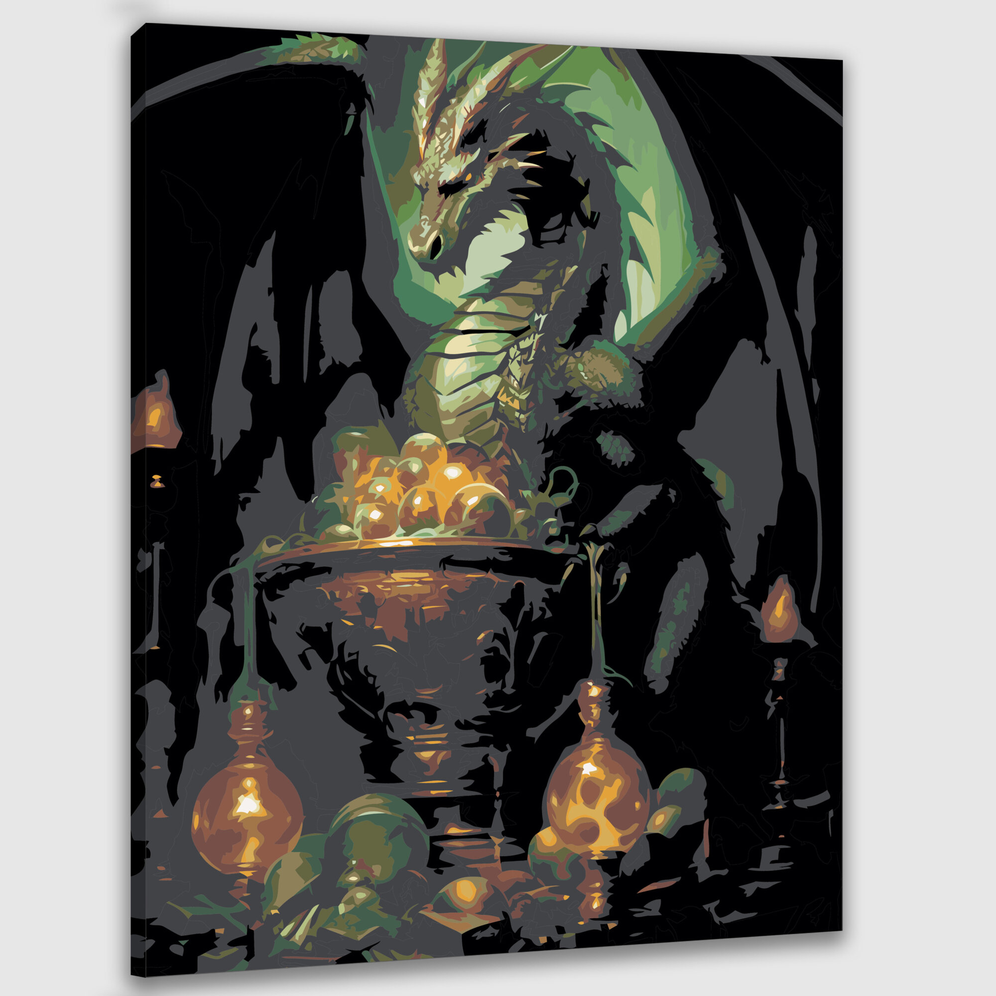 Картина по номерам 40x50 см, дракон, масло, изображение, зеленый, величественный, груда, сокровища, изумрудная чешуя