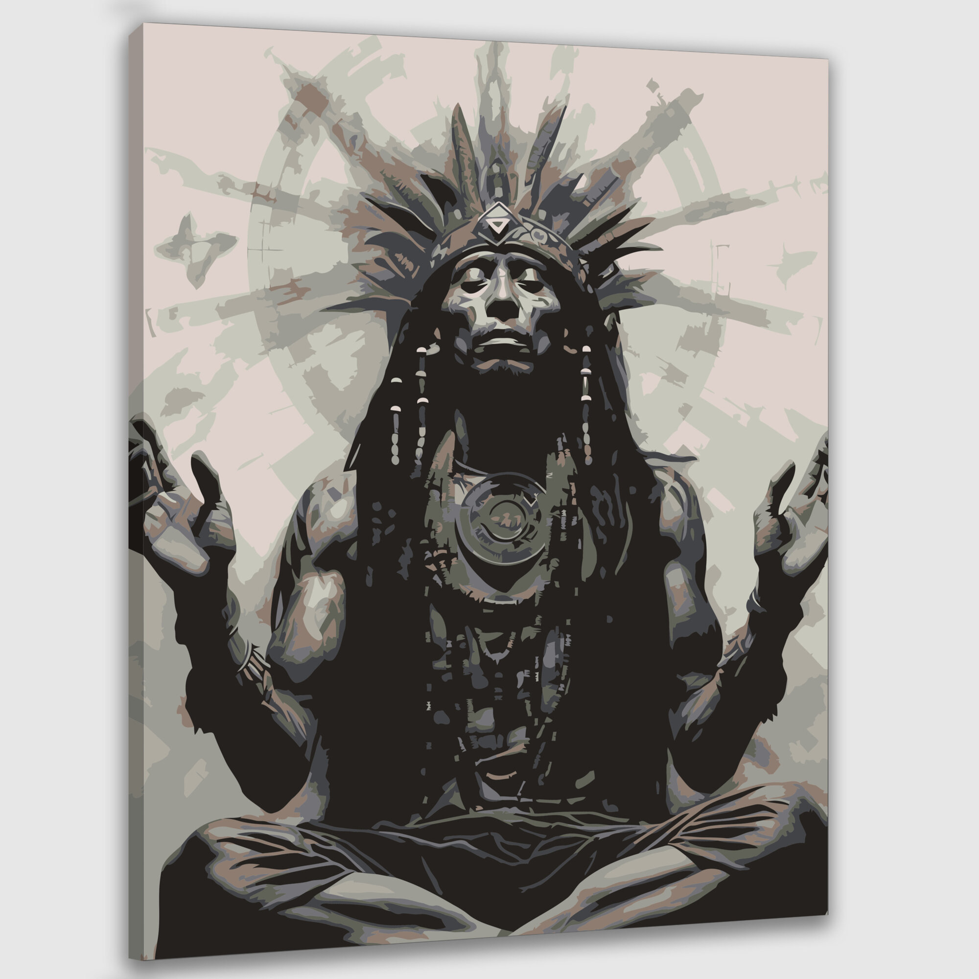 Картина по номерам 40x50 см, шаман, уголь, медитация, символы, знаки, руки, энергия, детали, оттенки, духовность