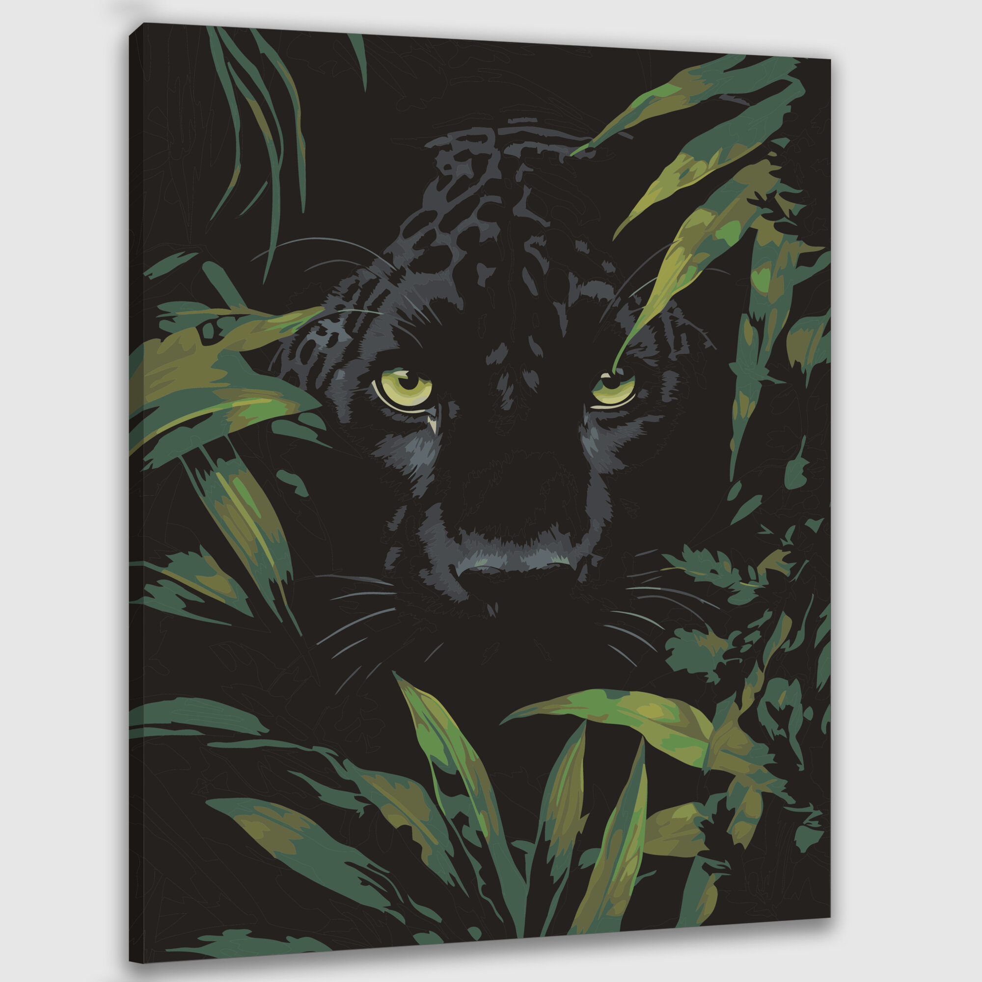 Картина по номерам 40x50 см, пантера, иллюстрация, глаза, зеленые, тропическая листва, яркий