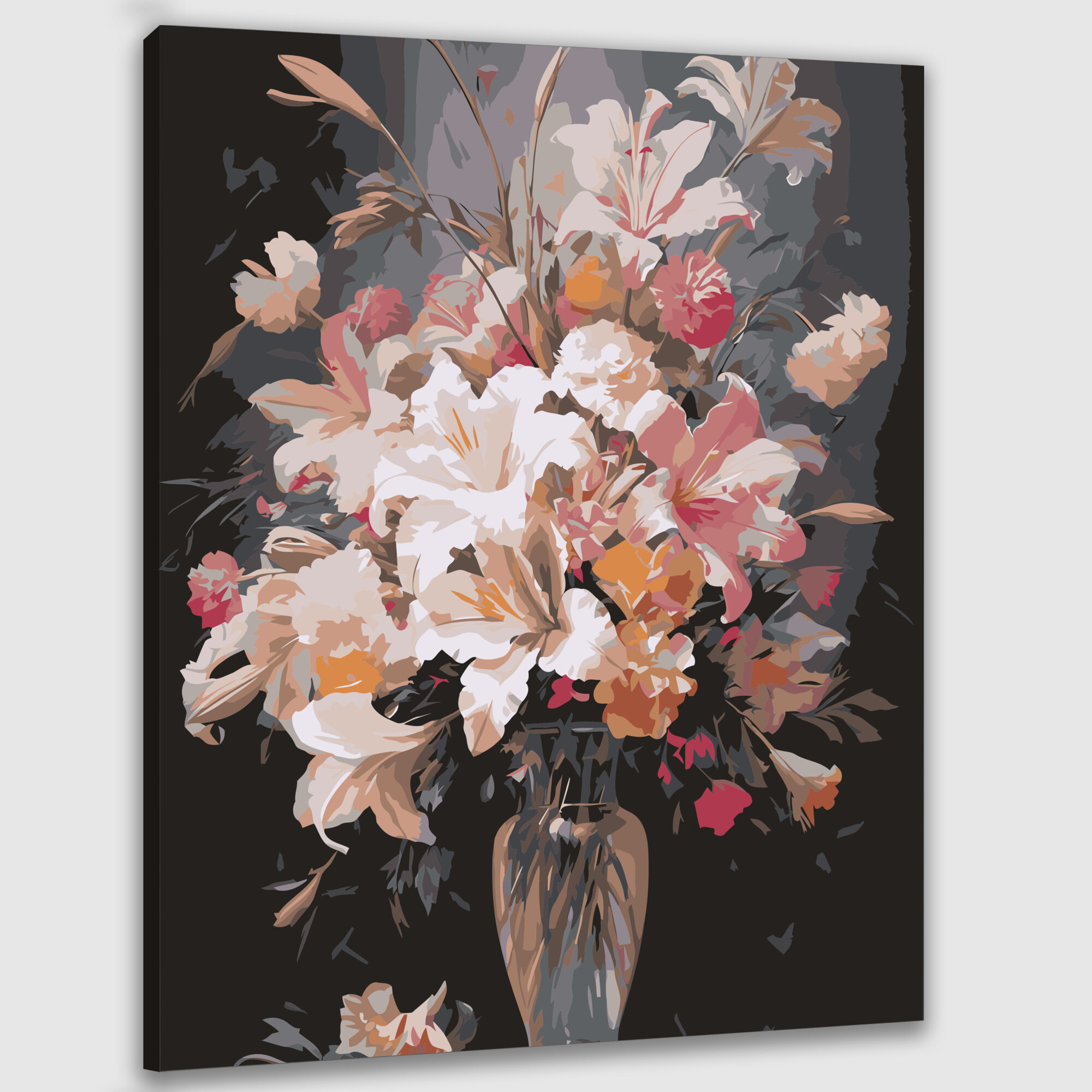 Картина по номерам 40x50 см, акриловая картина, цветочный уголок, пионы, ирисы, лилии, ваза, текстура лепестков