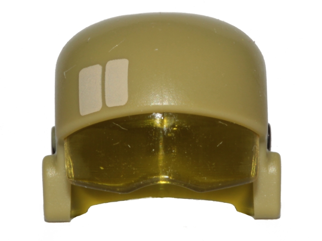Minifigure, Headgear Helmet SW Resistance Trooper with Molded Trans-Yellow Visor and Printed Tan Rectangles and Black Circles Pattern, 23947pb01 Olive Green U