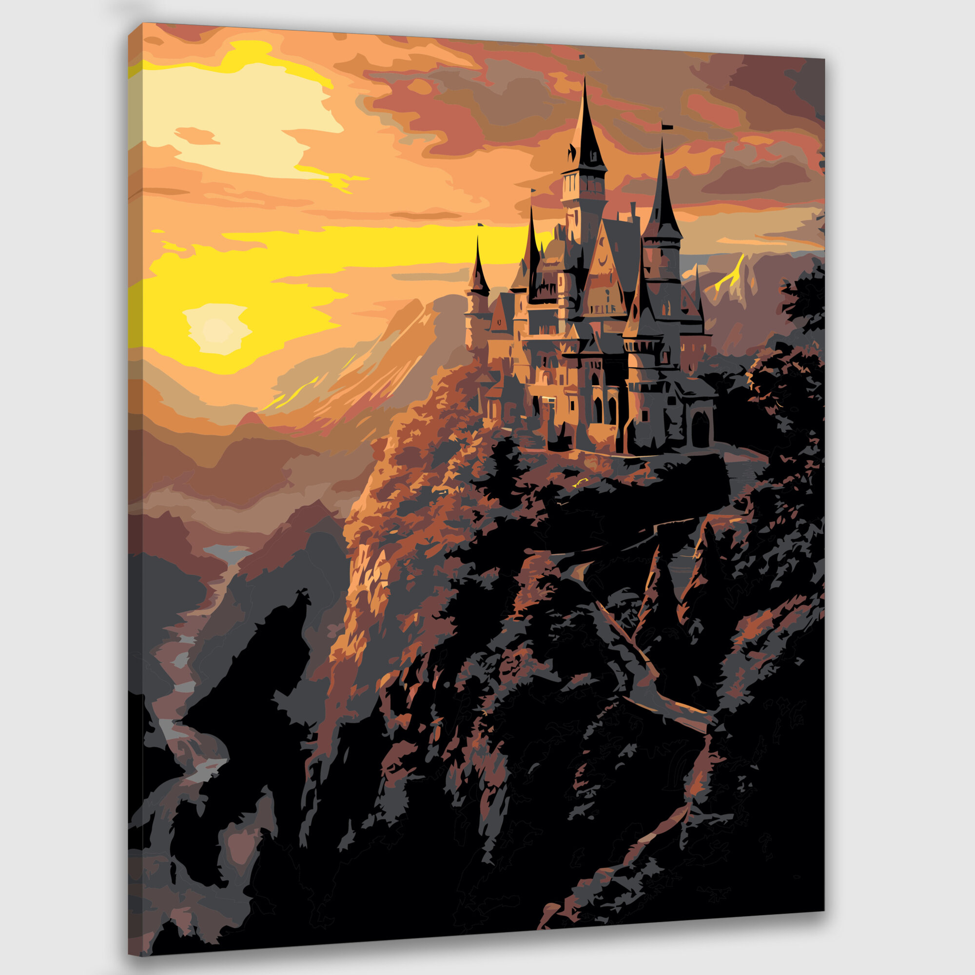 Картина по номерам 40x50 см, замок, исторический, башни, стены, холм, зеленый, сила, благородство, солнце, закат