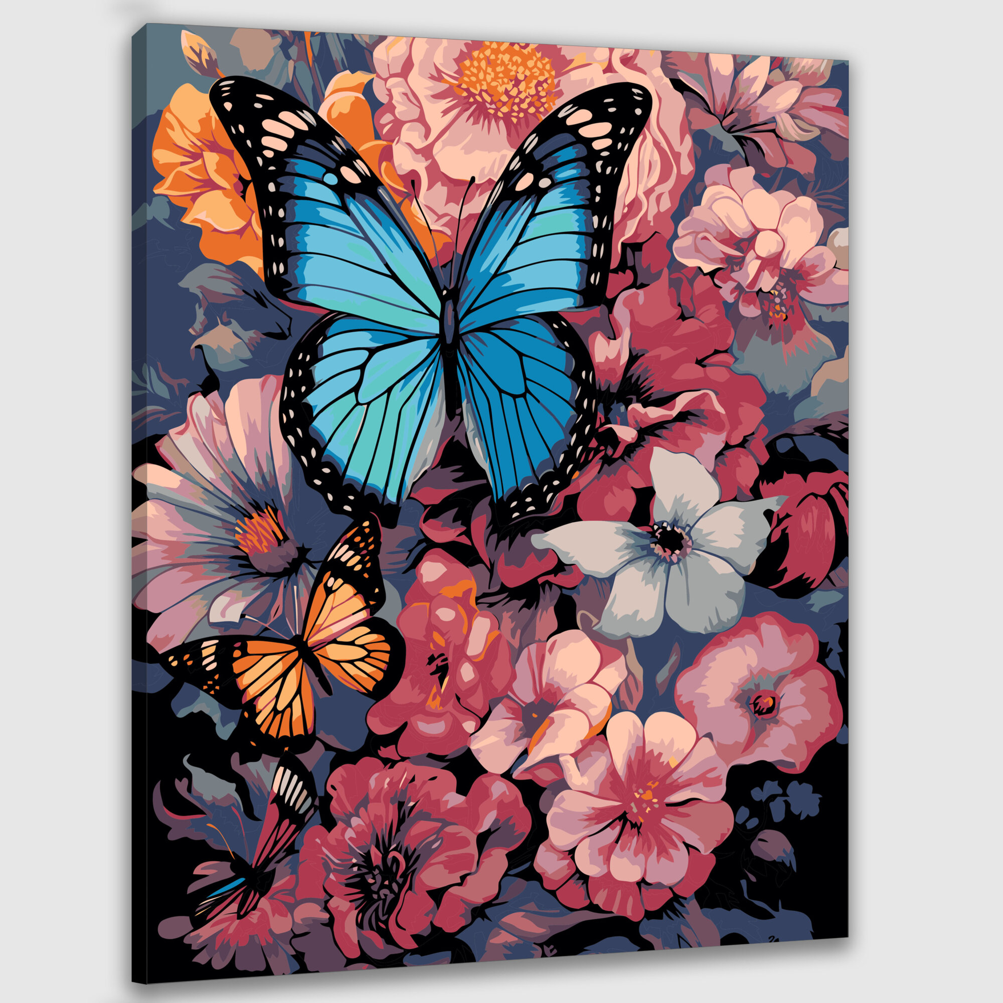 Картина по номерам 40x50 см, бабочки, разноцветные цветы, мерцающие крылья, высокое разрешение, группа, крупный план