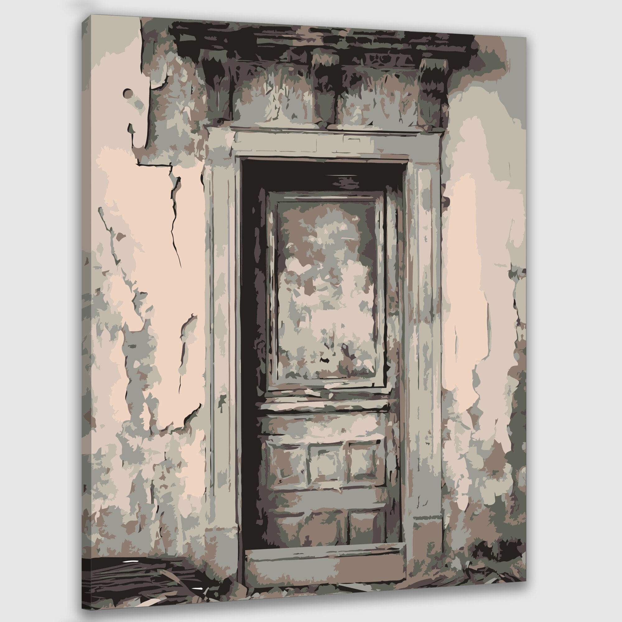 Картина по номерам 40x50 см, черно-белая фотография, старая дверь, обветшалая, полуразрушенное здание