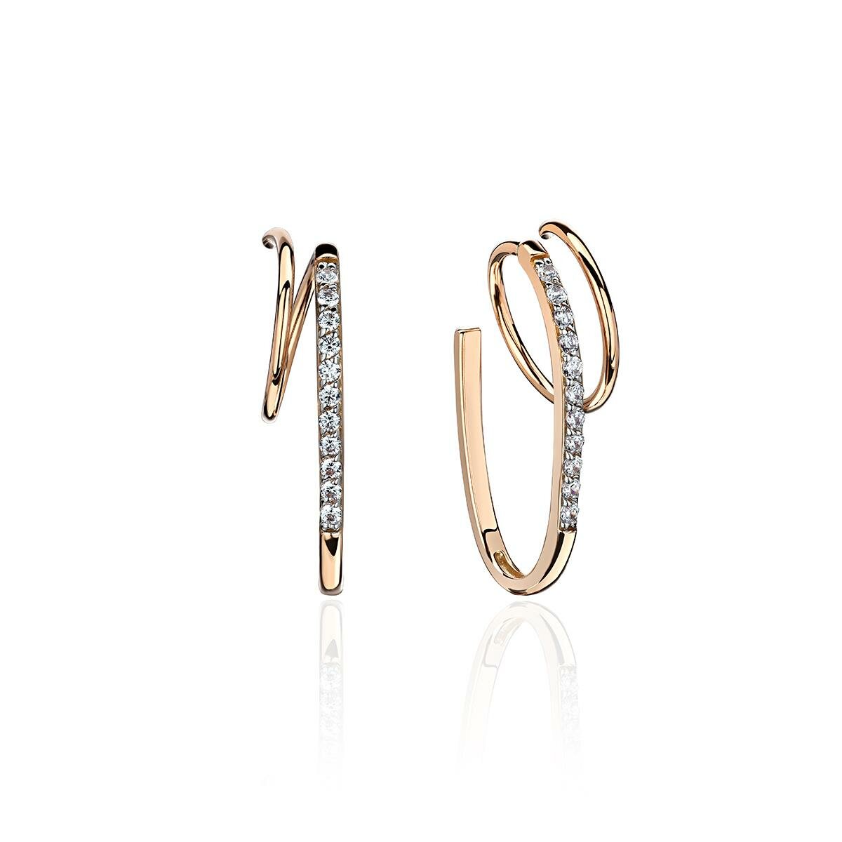 Серьги каффы, красное золото, 375 проба, родирование, фианит