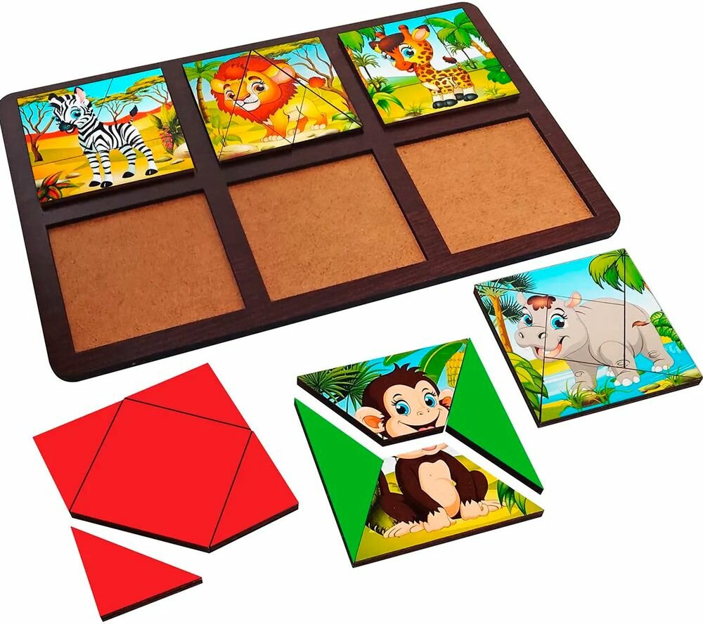 Деревянная развивающая доска "Собери квадрат. Животные Африки", 6 цветных картинок, обучающая логическая игра, пазл головоломка с разрезными картинками, учим животных