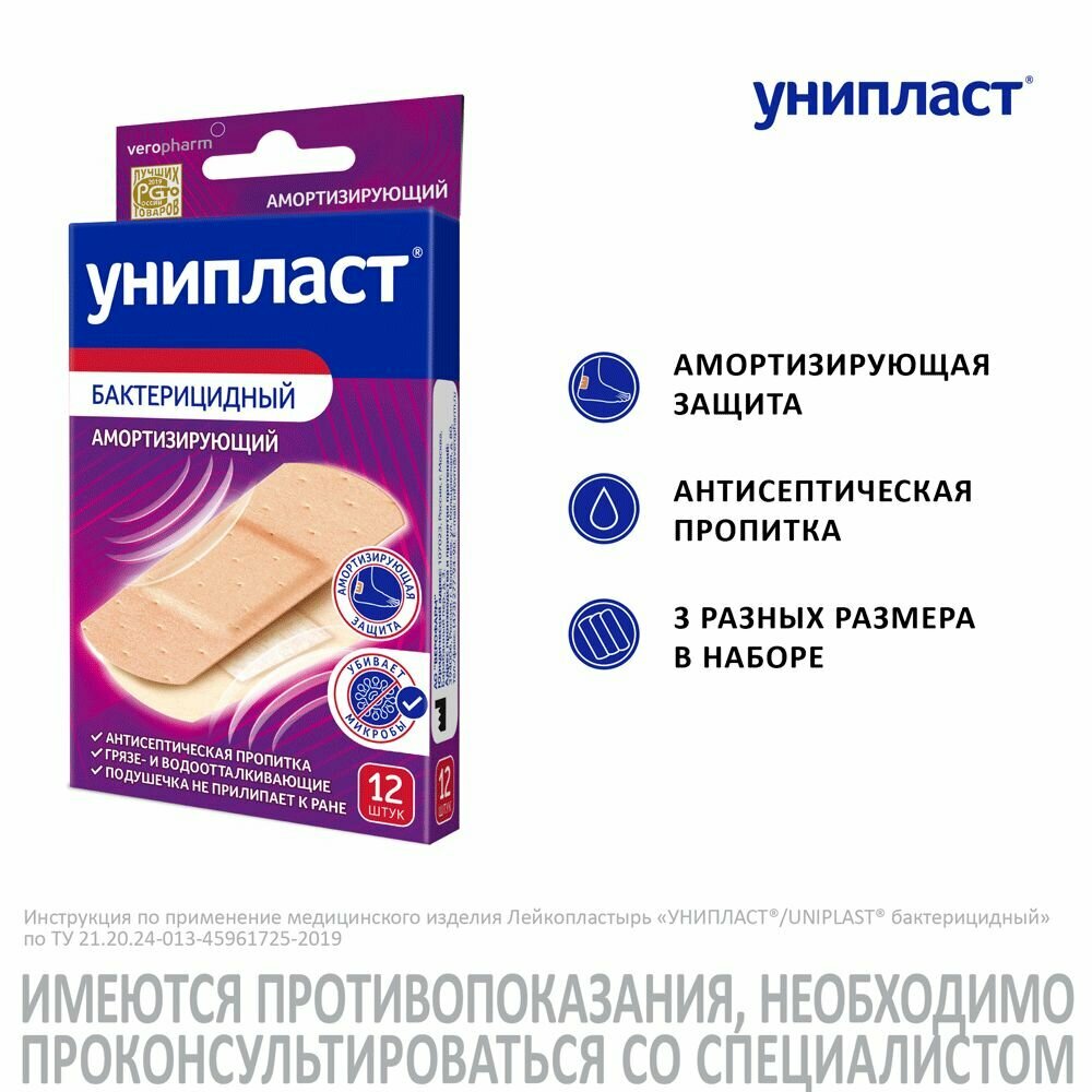 Унипласт, набор лейкопластырей бактерицидных амортизирующих, 12 шт.