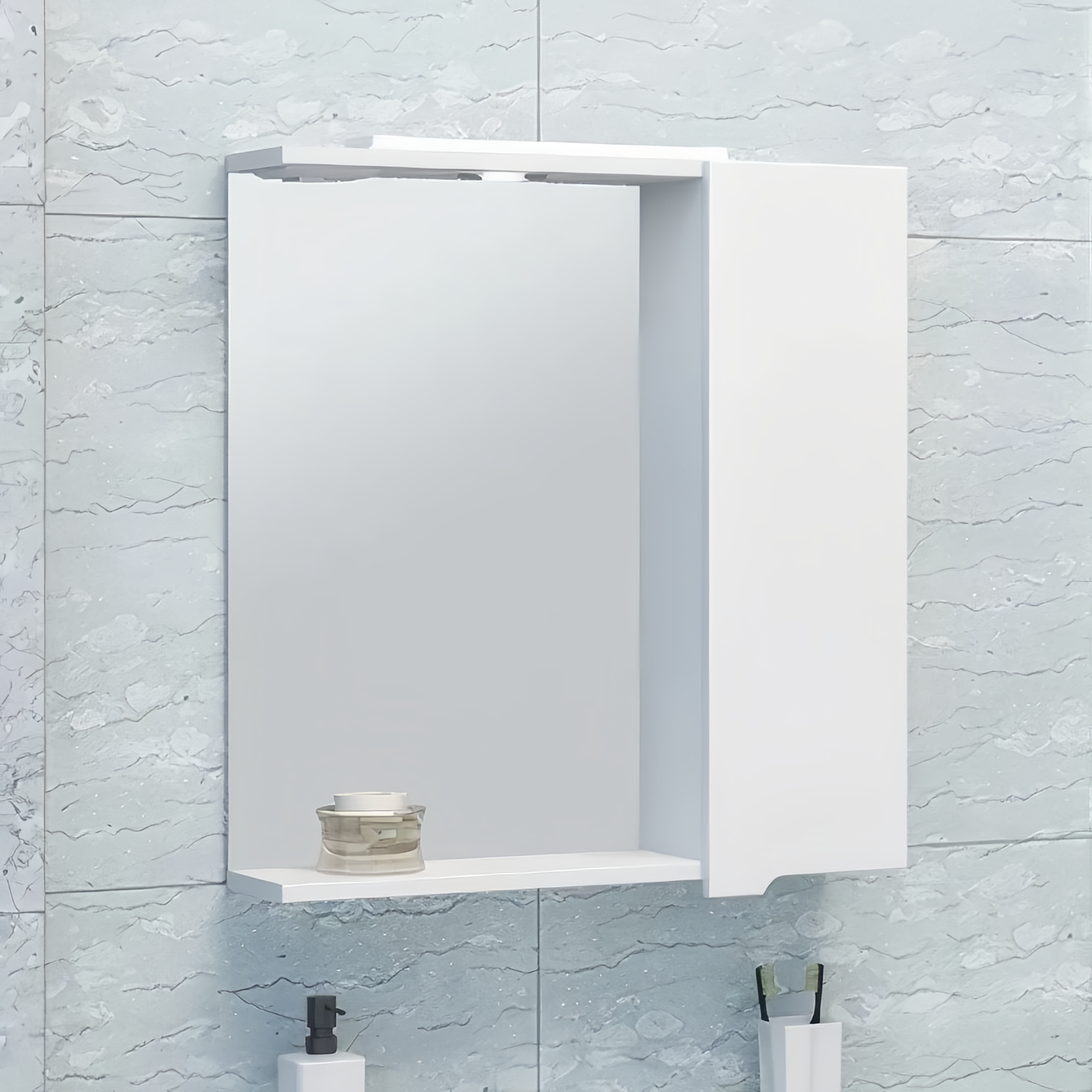 Зеркало-шкаф Emmy "Агата 65", правый, белый, с подсветкой, выключатель, розетка.