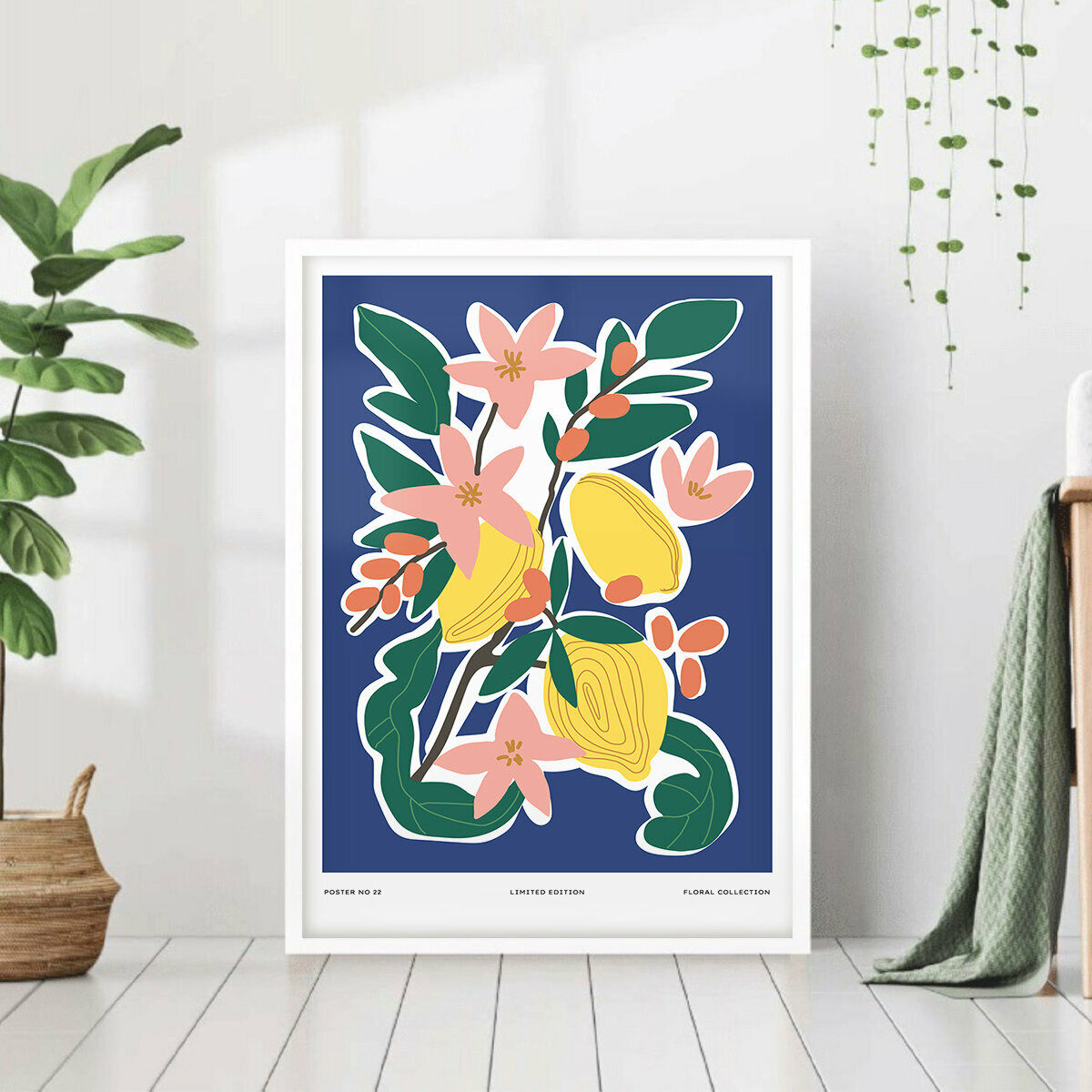 Постер "Лимоны на ветке" 40x50 в белой рамке на стену для интерьера