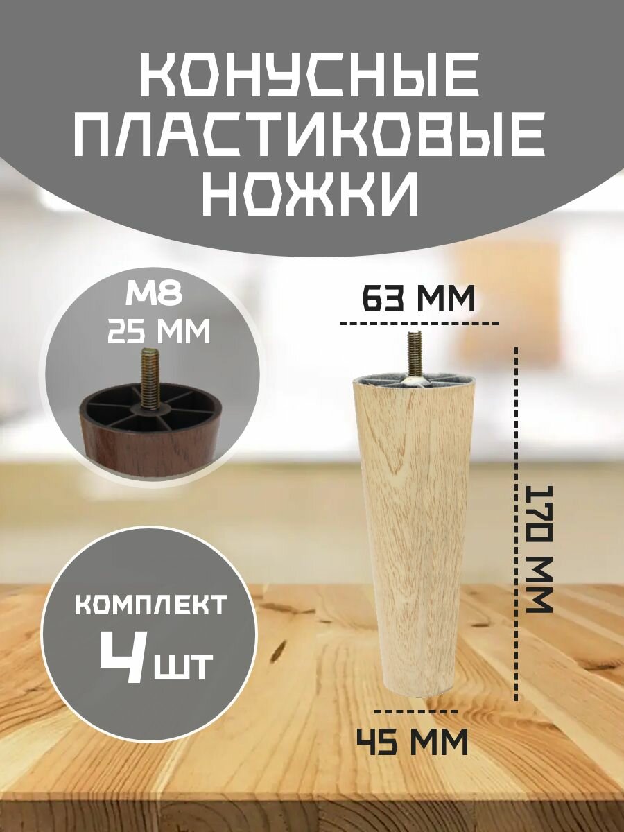 Ножки для мебели, для дивана, шкафа, комода, высота 170 мм, шпилька М8x25 мм, пластиковые конусные