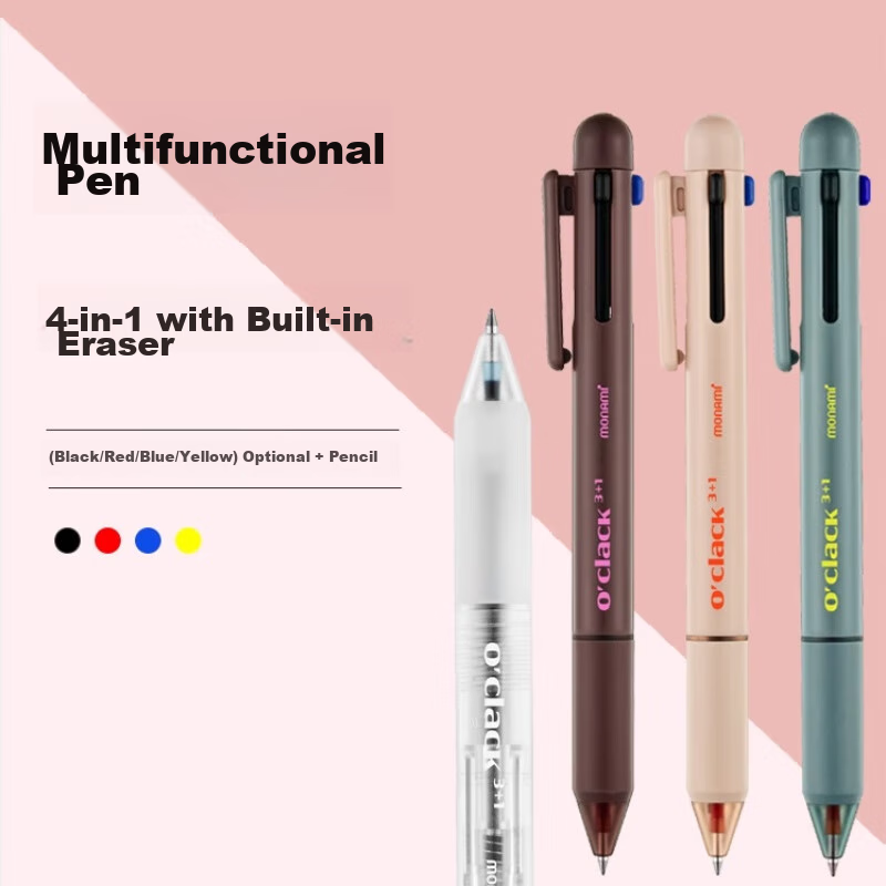 Monami 4-In Multifunctional Pen, Three-Color Ballpoint Pen + 0.5mm Mechanical Pencil, Multi-Color Retractable Gel Pen for Note-Taking, White Barrel 01070-247