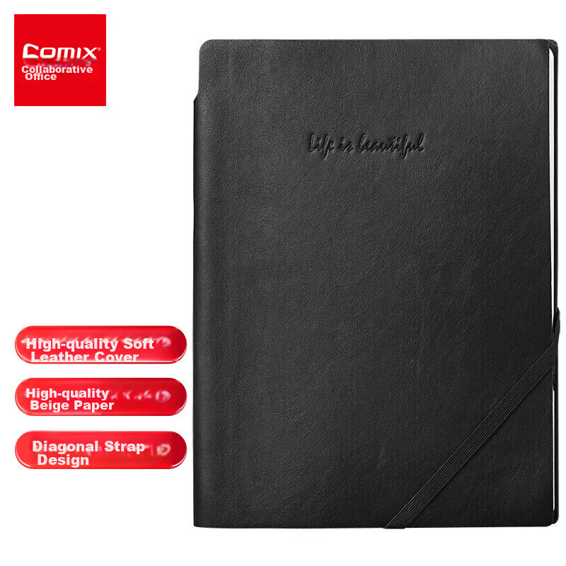 【Lowest Price Online】COMIX (Comix) Notebook A5/98 Sheets Stationery Soft Leather Surface Meeting Record Book Creative Slant Strap/Diary/Customized Black ECC5851