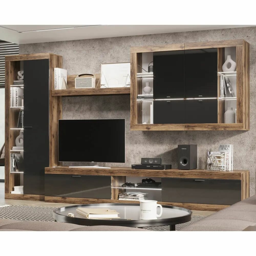 Гостиная Прага комплектация № 5, с тумбой, с полкой, с витриной универсальной, шкафом Дуб Делано/ Черный ЛДСП , ЭРА