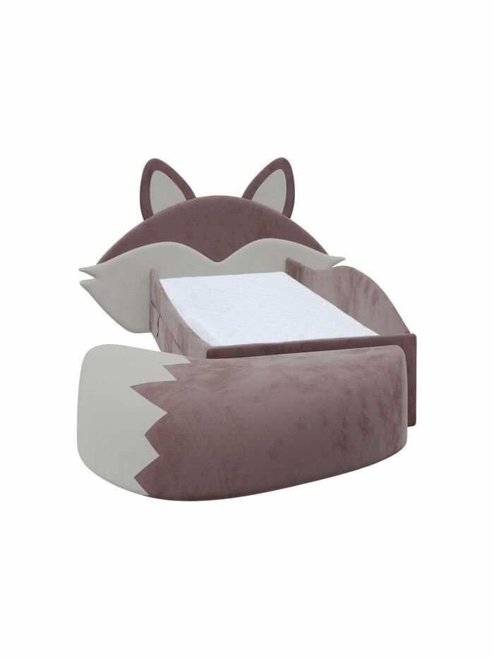 Детская односпальная кровать Фокс 90х200 см, с основанием настил, с мягким изголовьем, с ящиками, с пуфиком, Слива, велюр