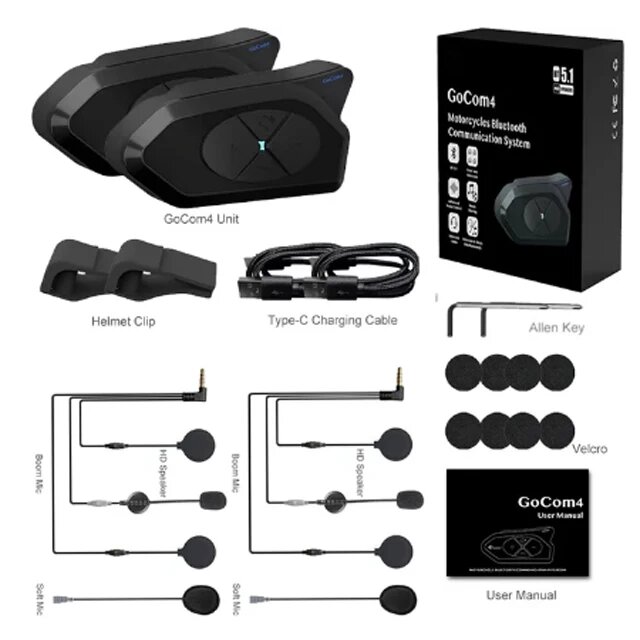 GOCOM4 Bluetooth мотогарнитура для шлема, 4-х гонщиков, BT5.1, FM, IP65, double pack