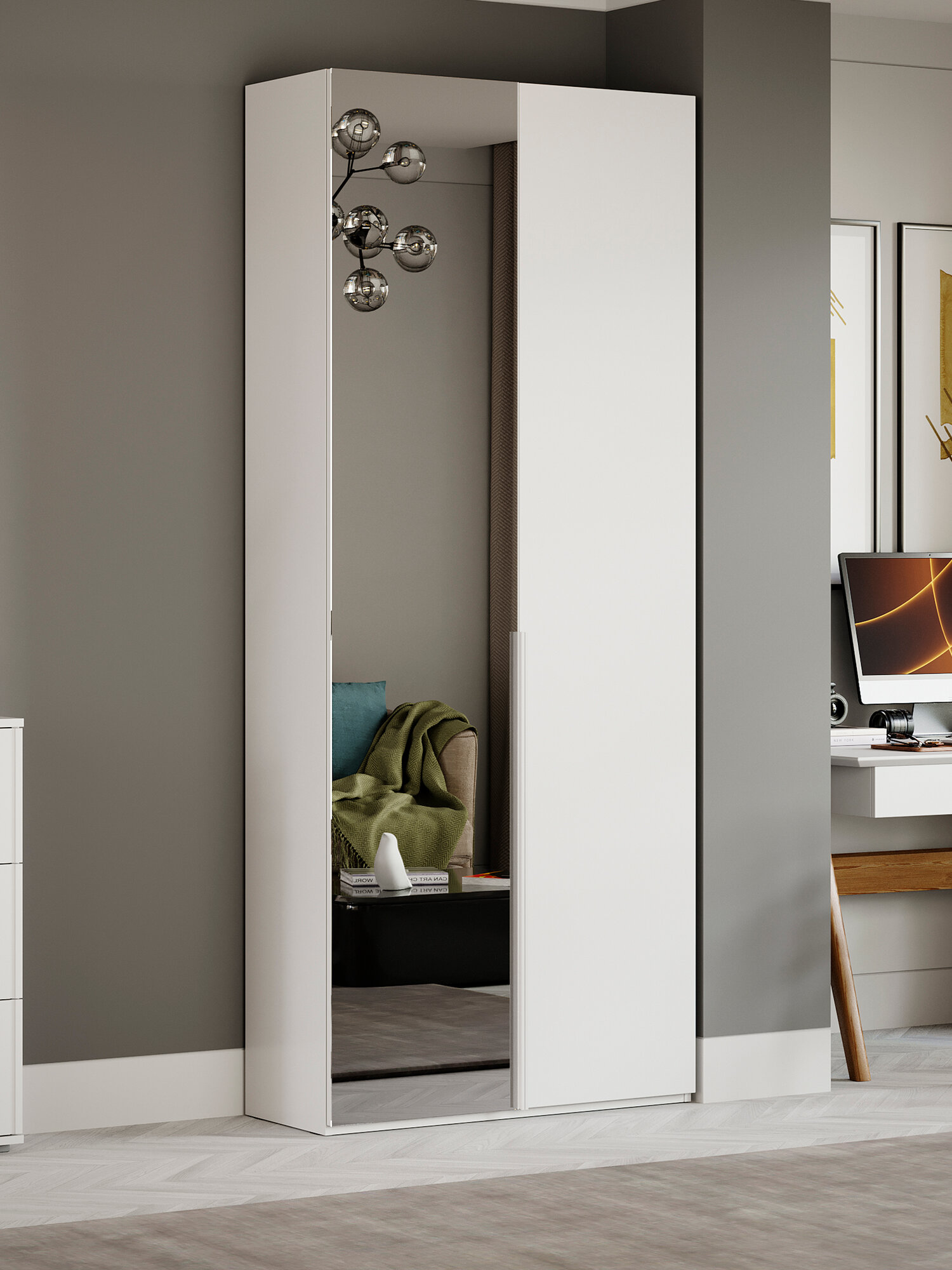 Шкаф для белья ТриЯ "Порто", с 1 глухой и 1 зеркальной дверями, ЛДСП, напольный, белый