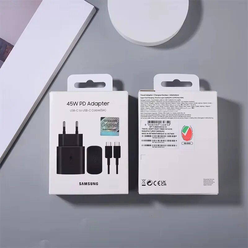 EP-TA845 Супербыстрое зарядное устройство Samsung 45 Вт PD Адаптер питания ЕС/США/Великобритании 1 м 5 А Кабель USB Type-C для Galaxy S25 S24 S23 S22 S21 FE Plus EU set black