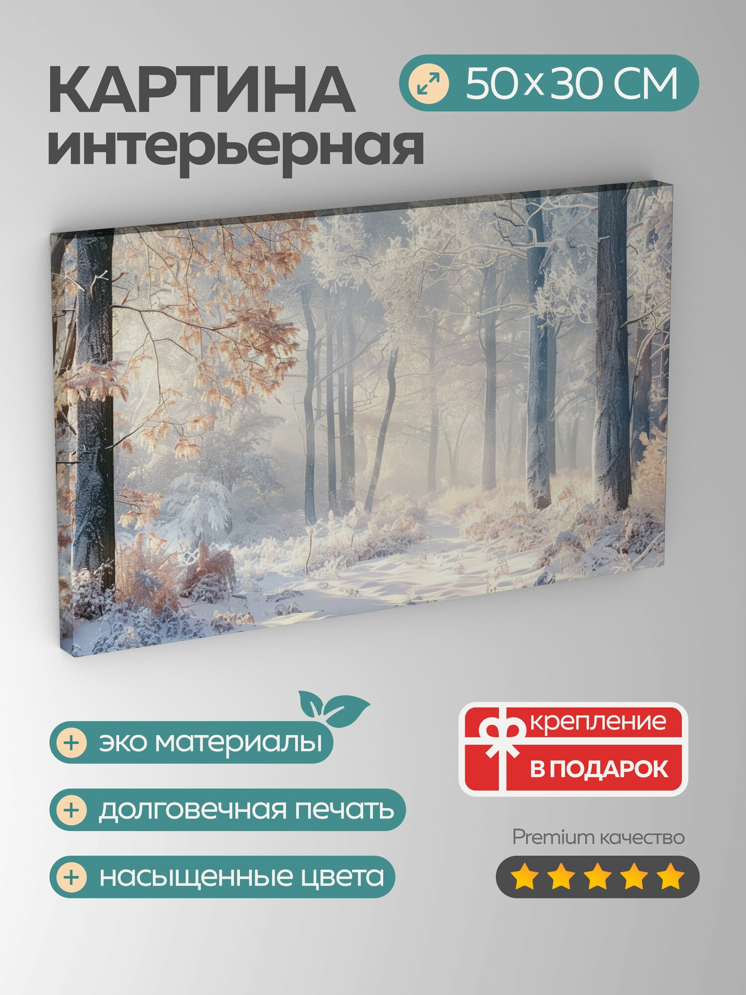 Картина на холсте интерьерная 50х30 см, фотография, заснеженный лес, рассвет, белый свет, иней, деревья, высокие