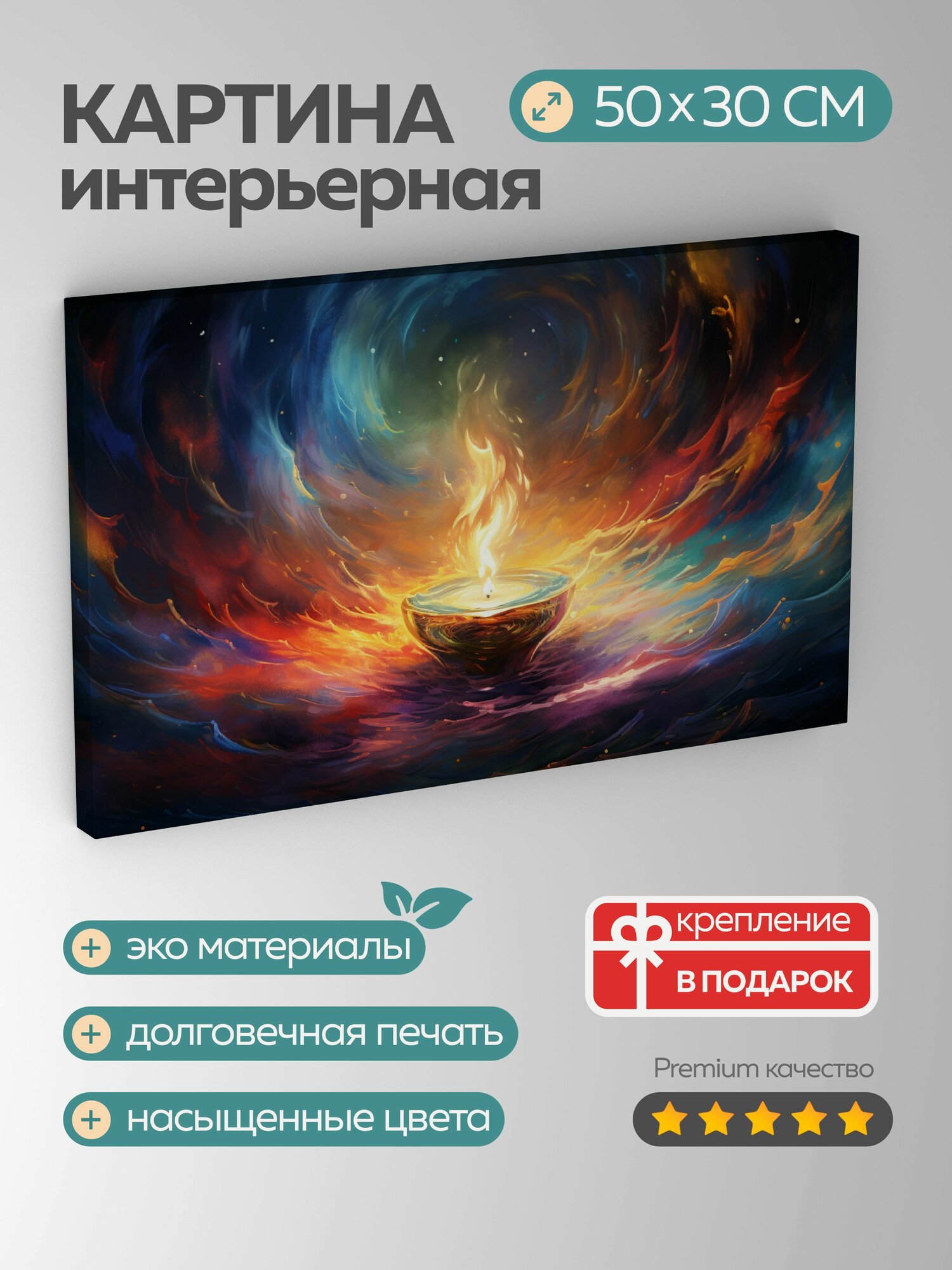 Картина на холсте интерьерная 50х30 см, цифровое искусство, сюрреализм, гигантская свеча, воздух, вихрь энергий, пламя