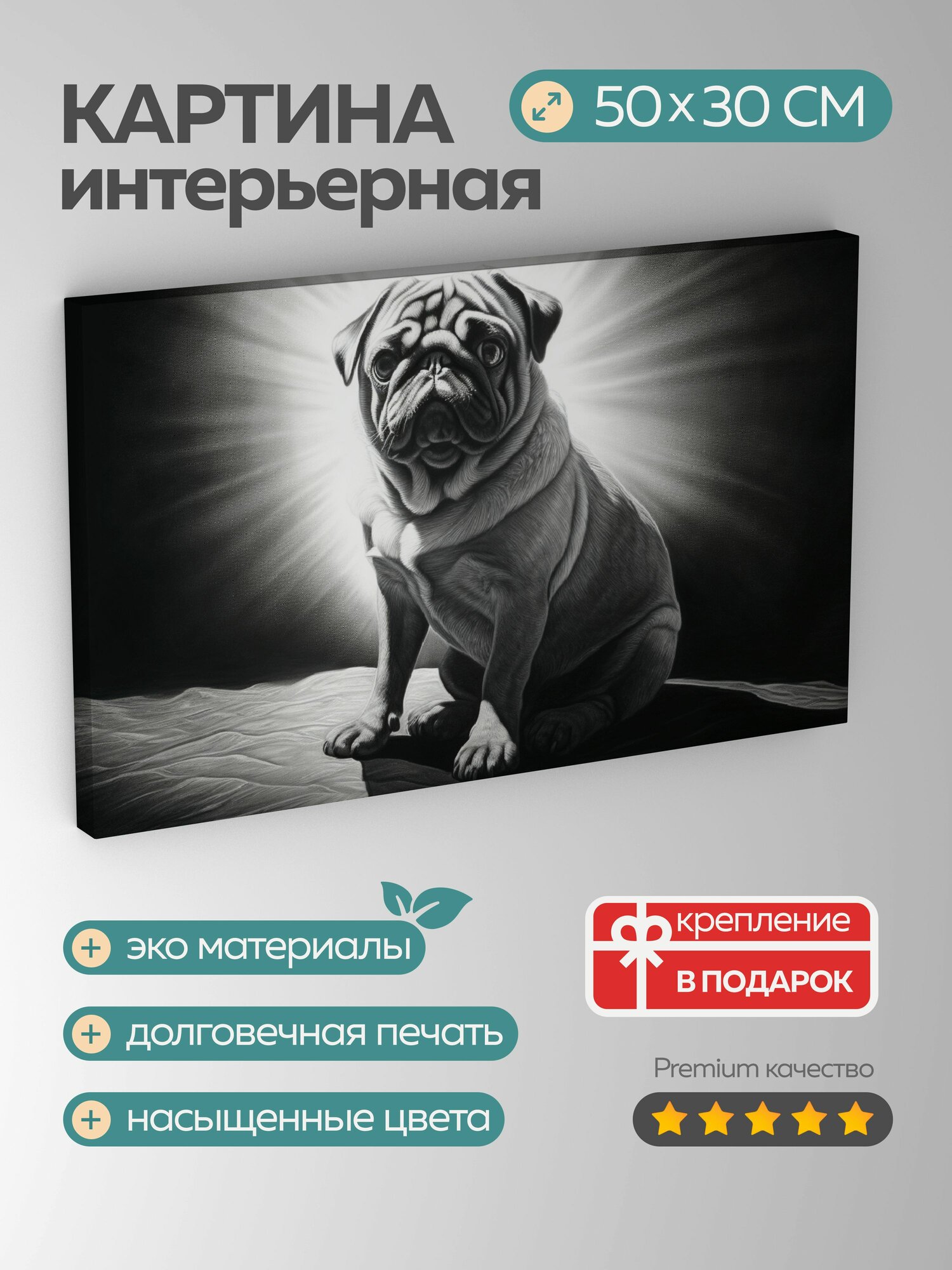 Картина на холсте интерьерная 50х30 см, черно-белый рисунок, уголь, мопс, тень, контраст, свет, тьма