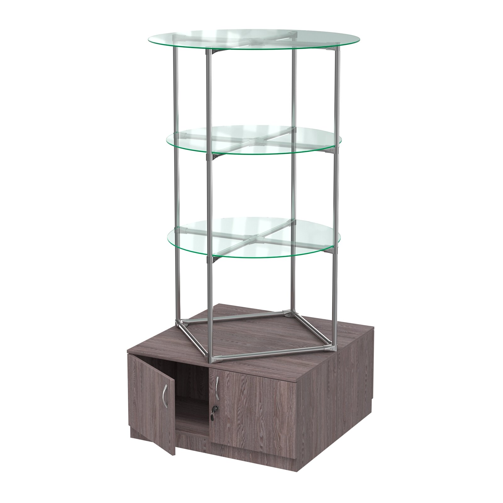 Торговые стенды сфера с полками и тумбами №1 (с двумя стеклянными полками 6мм), Ясень Анкор темный