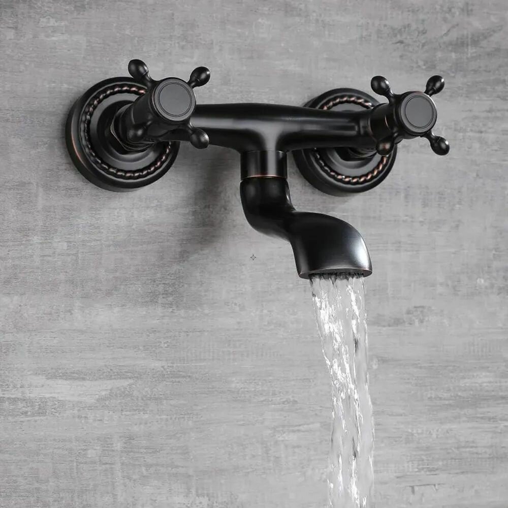 Ретро медный смеситель для ванны, настенный смеситель для ванной комнаты, смеситель для ванны с горячей и холодной водой с двойной ручкой