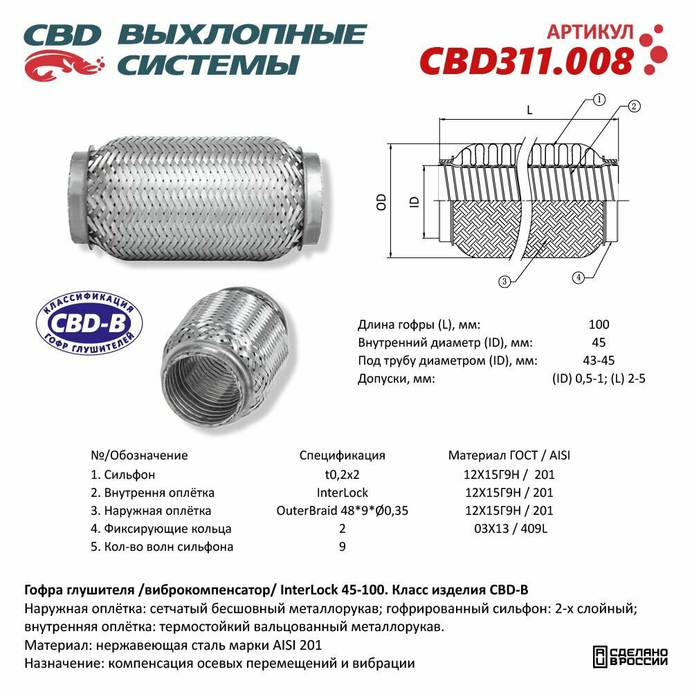 Гофра глушителя 3х-сл InterLock 45-100. CBD311.008