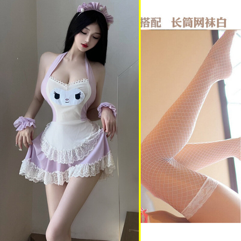 Сексуальный и милый костюм горничной с завязками на шее, игривый комплект униформы горничной + белые сетчатые чулки.