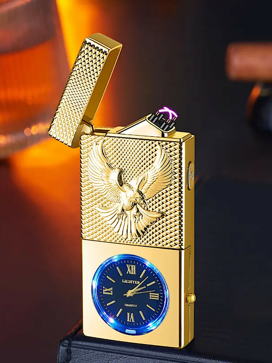 Электрозажигалка "Орел" с часами, золотистая