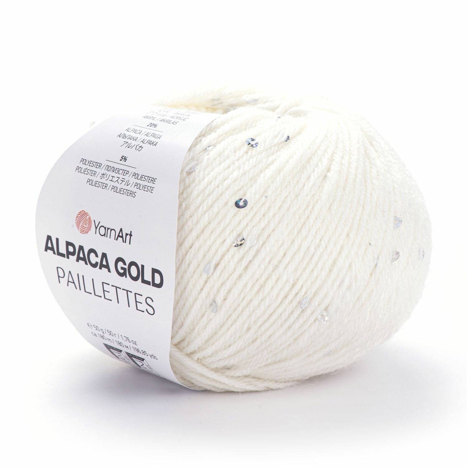 Пряжа Alpaca gold paillettes YarnArt, молочный - 9301, 20% альпака, 75% акрил, 5% полиэстер, 10 мотков, 50 г, 180 м.