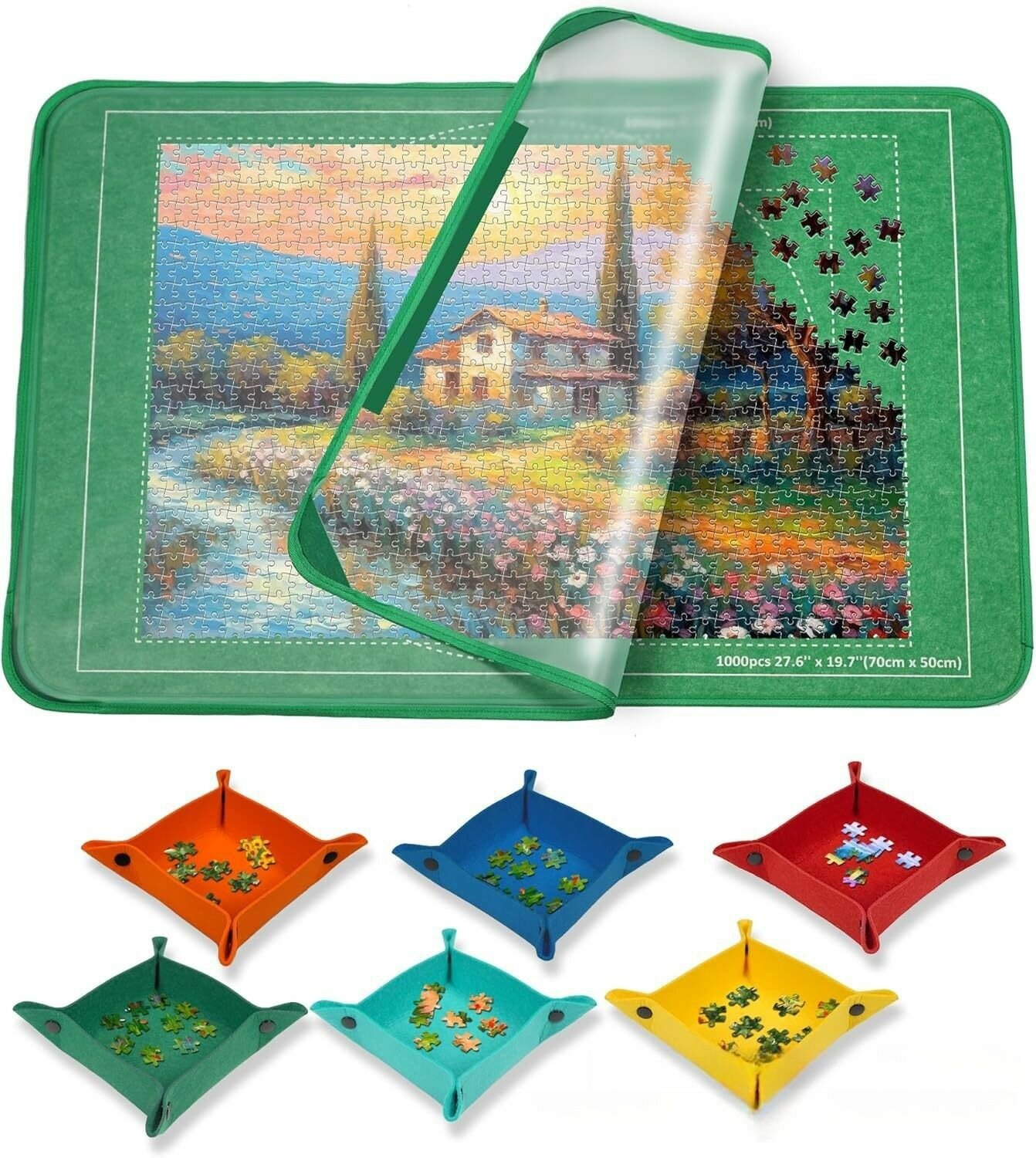 Коврик для сборки пазлов до 1000 деталей, столик-головоломка с 1 прозрачная крышка, 6 лотков для сортировки головоломок