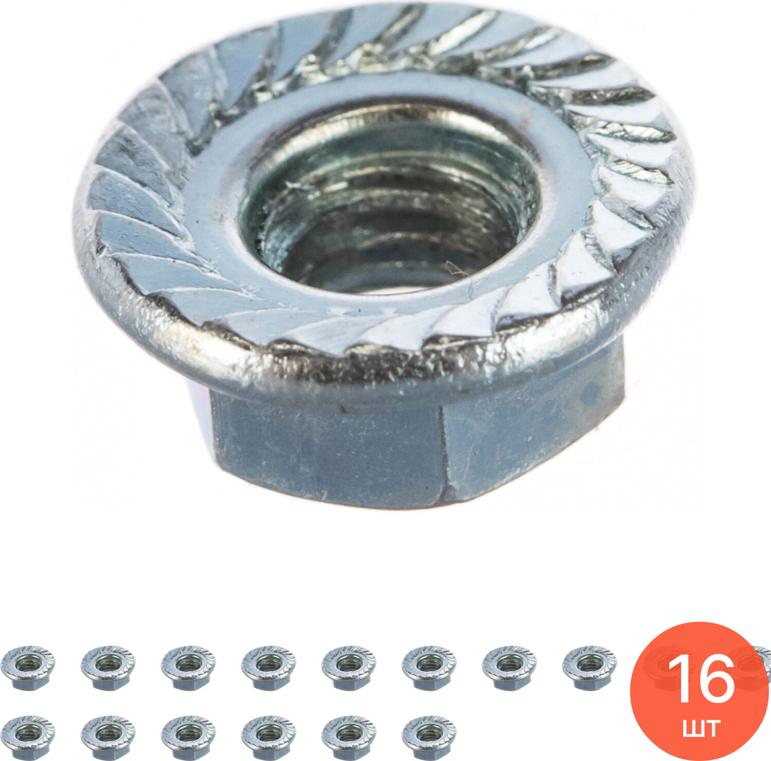 Гайка Стройбат DIN 6923 с фланцем, из оцинкованной стали, размер под ключ 24мм, М16, внутренний диаметр 16мм, 2шт. / крепеж (комплект из 16 шт)