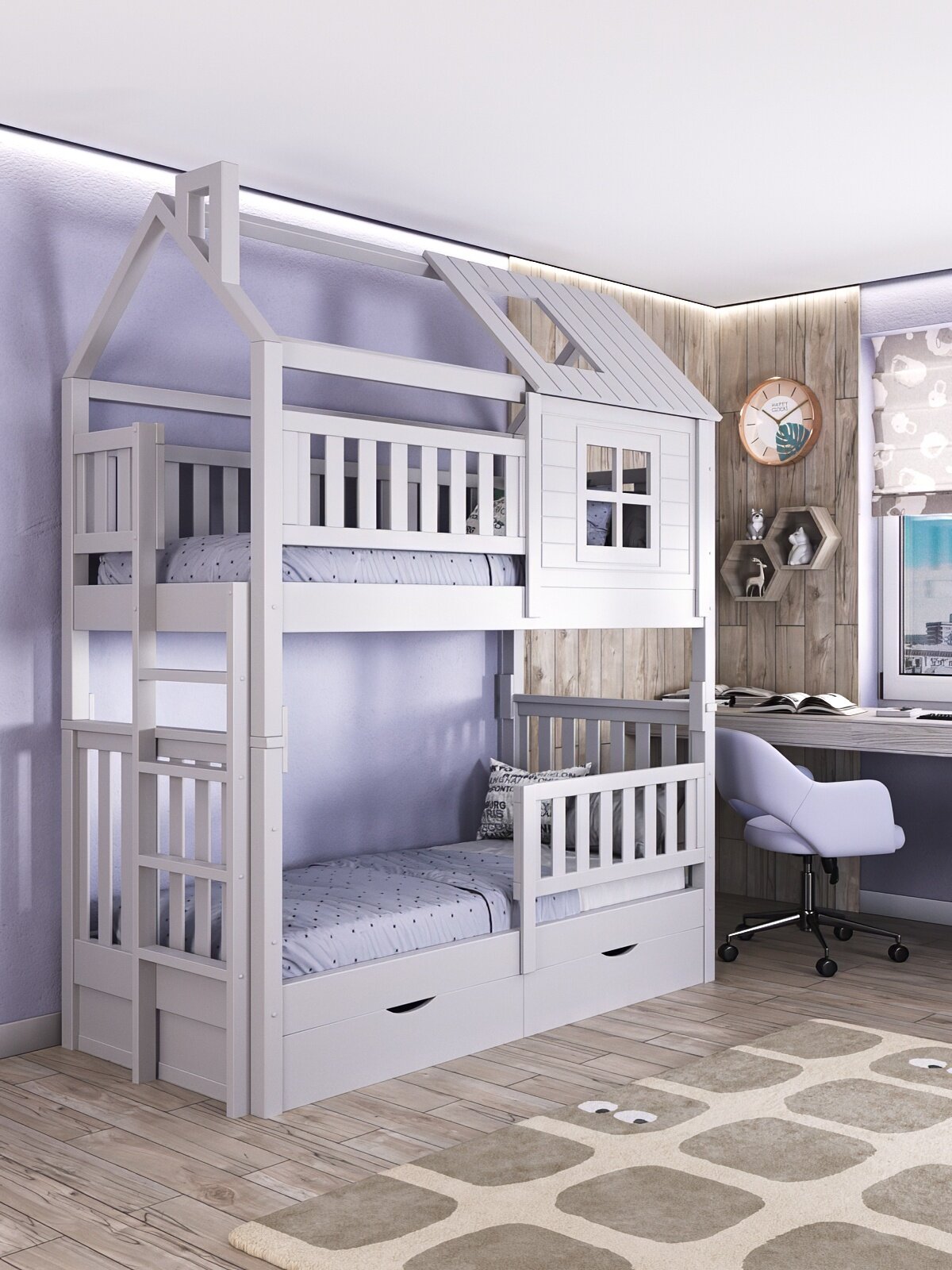 Двухъярусная кровать Лейла Домик, лестница с торца, 90х190, цвет Белая эмаль.